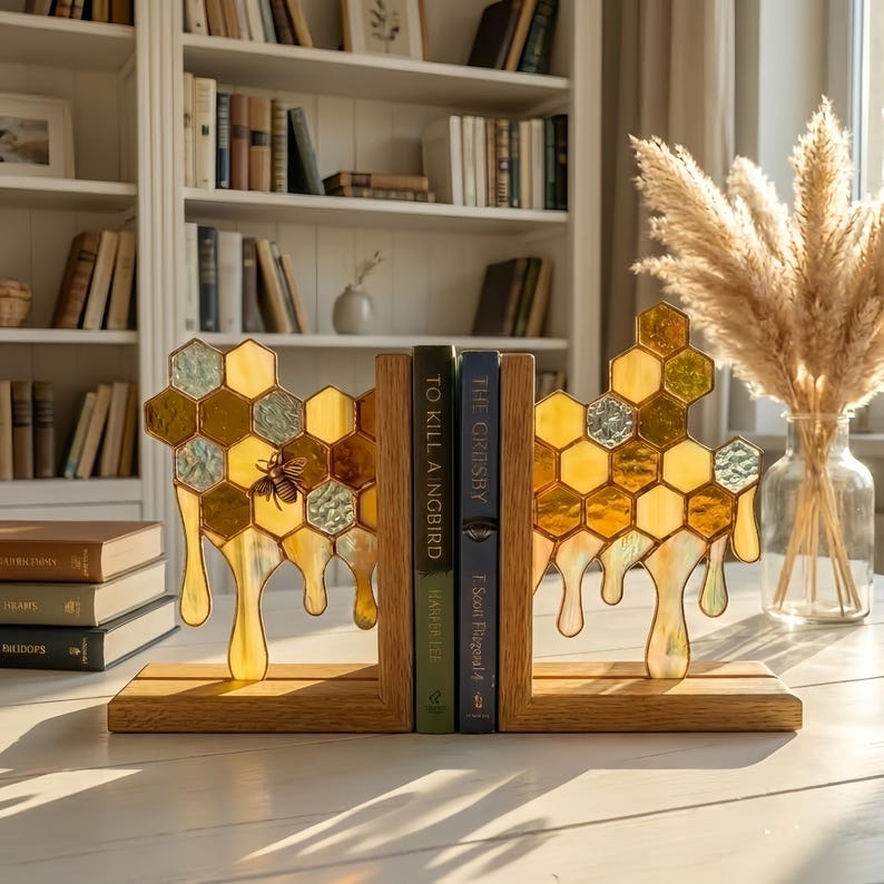 Stained Glass Honeycomb Bookends, Rustic Bee Decor - Etsy UK