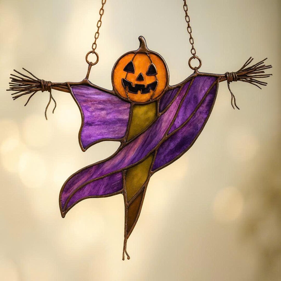 Handmade Halloween Stained Glass Suncatcher – Pumpkin Scarecrow Window ...