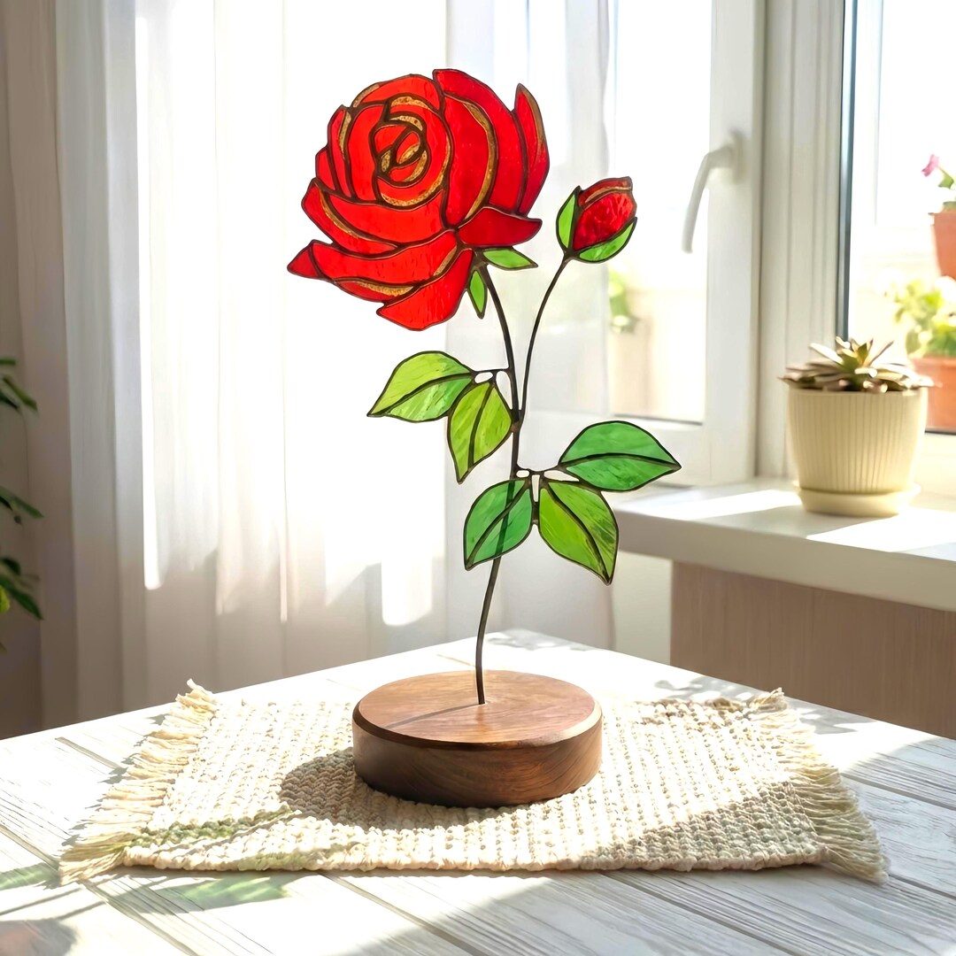 Stained Glass Red Rose, Tabletop Suncatcher on Wood Stand, Romantic ...