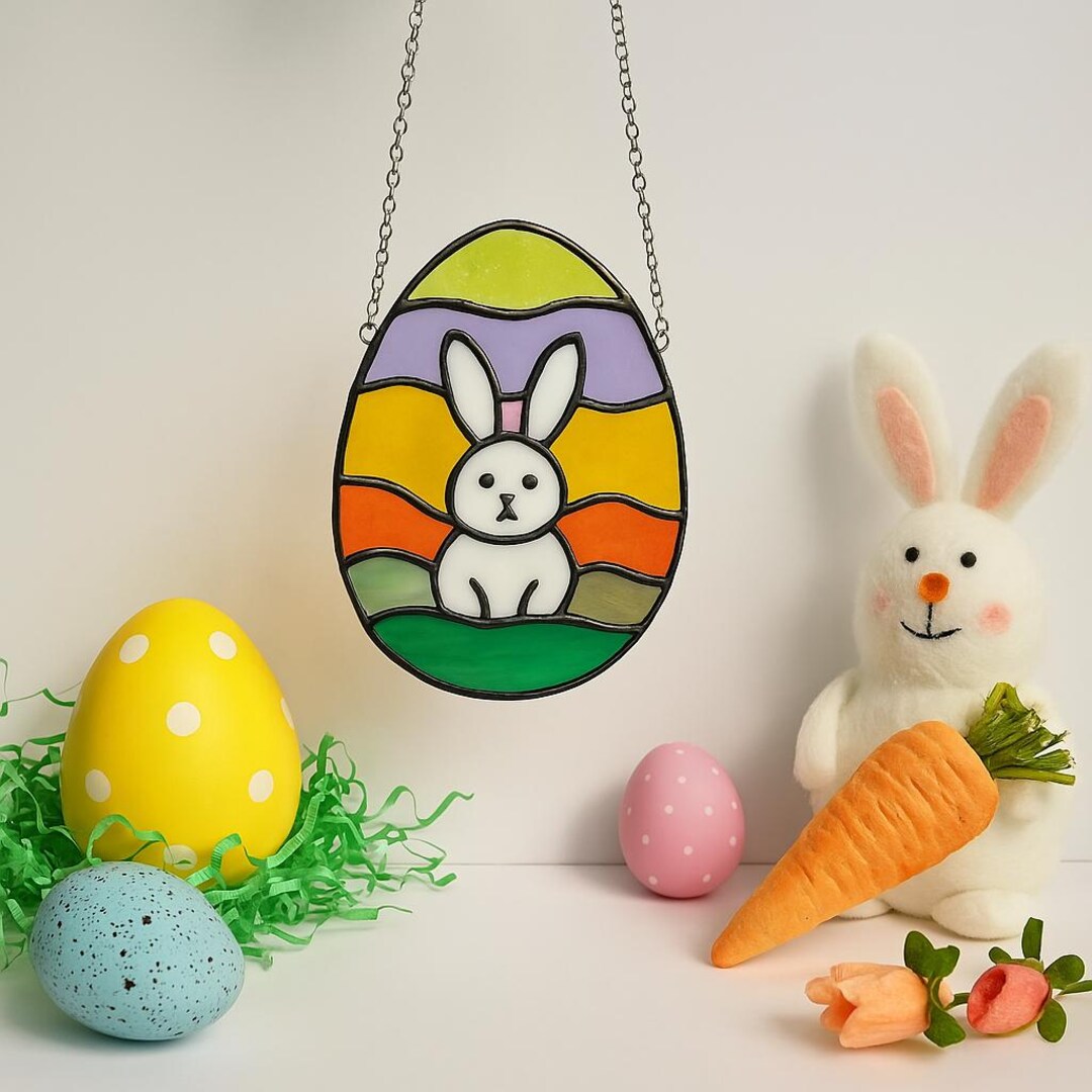 Easter Bunny Stained Glass Suncatcher | Handmade Egg-shaped Window ...