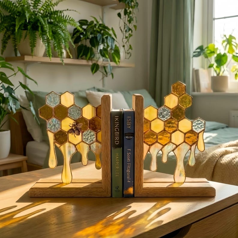 Stained Glass Honeycomb Bookends, Rustic Bee Decor - Etsy UK