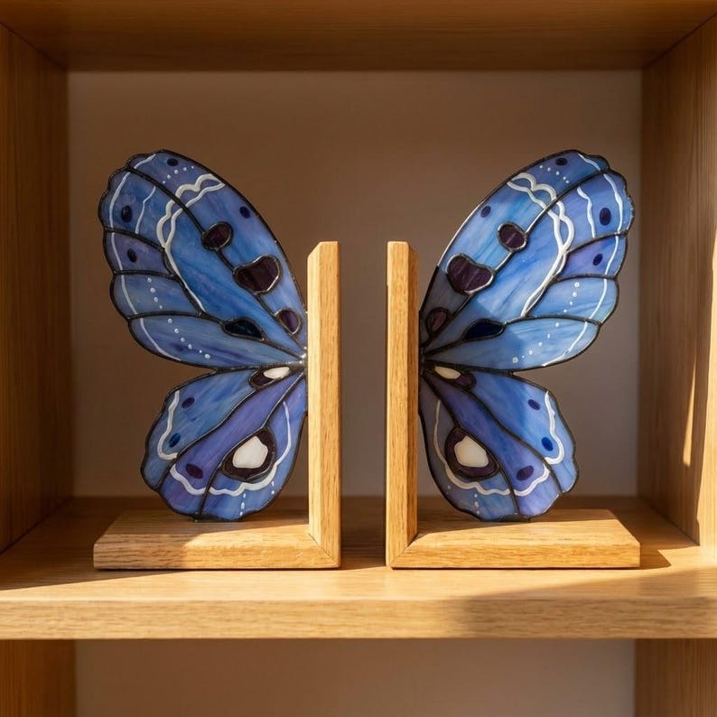 Blue Morpho Butterfly Bookends Stained Glass, Unique Gift for Book ...