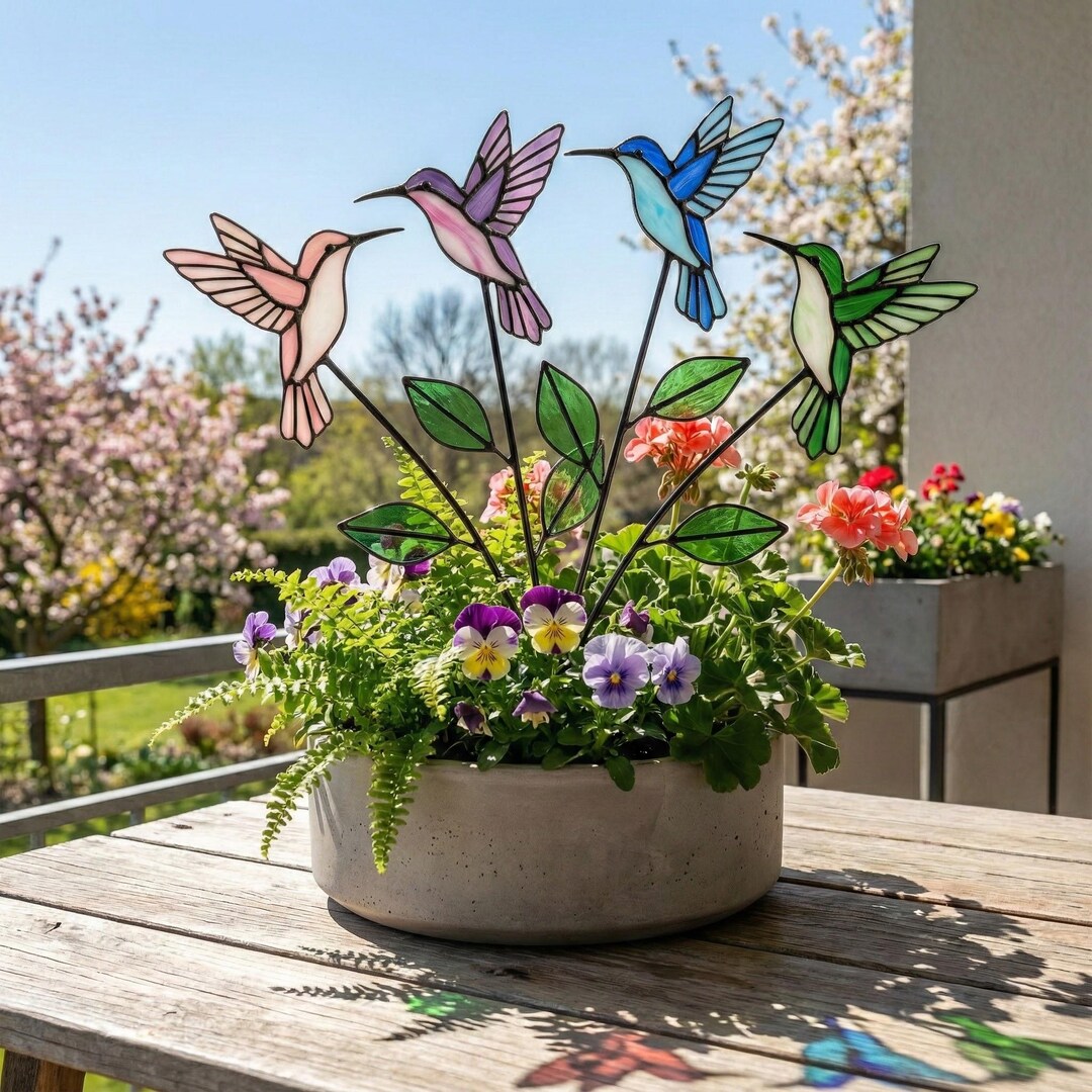 Stained Glass Hummingbird Plant Stake, Flower Pot Decor, Bird ...