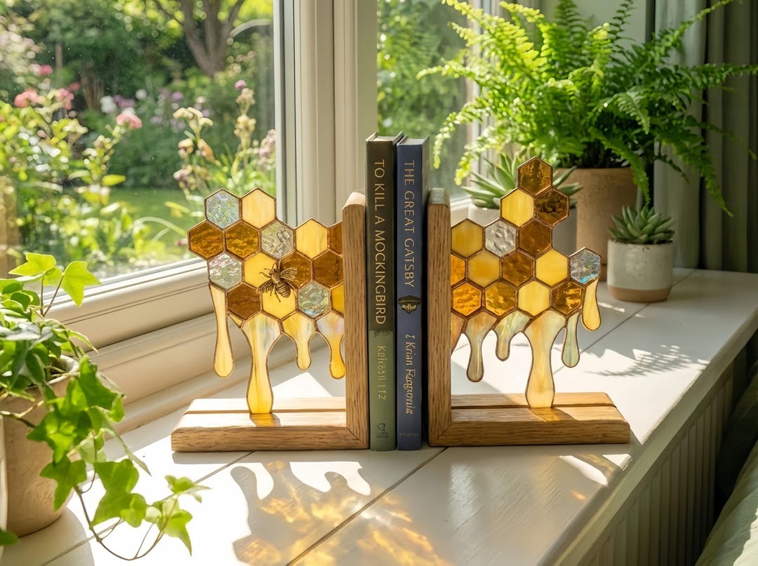 Stained Glass Honeycomb Bookends, Rustic Bee Decor - Etsy UK