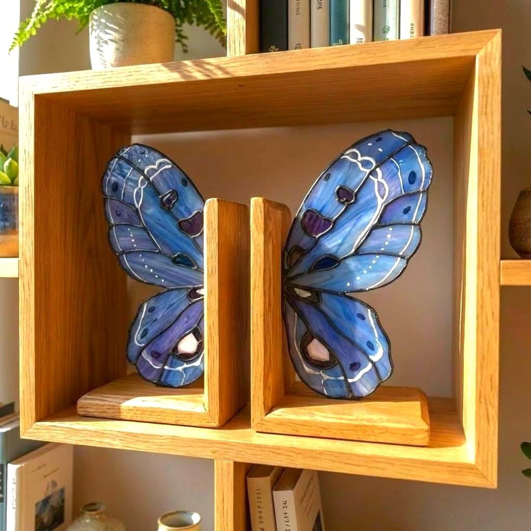 Stained Glass Butterfly Bookends, Blue Morpho Wings Decor, Wood Base ...