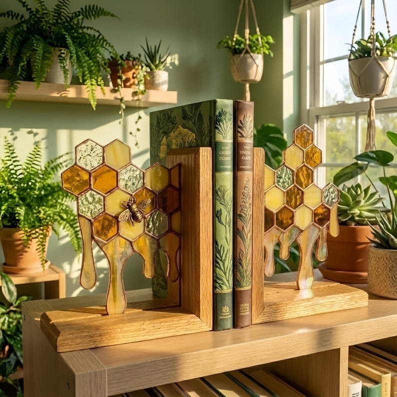 Stained Glass Honeycomb Bookends, Rustic Bee Decor - Etsy UK