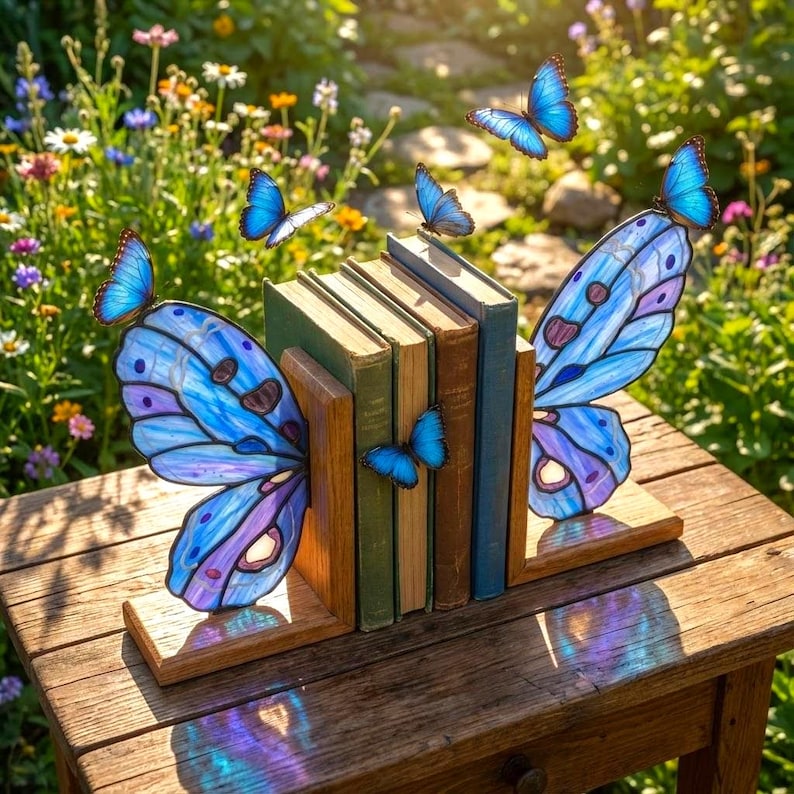 Blue Morpho Butterfly Bookends Stained Glass, Unique Gift for Book ...