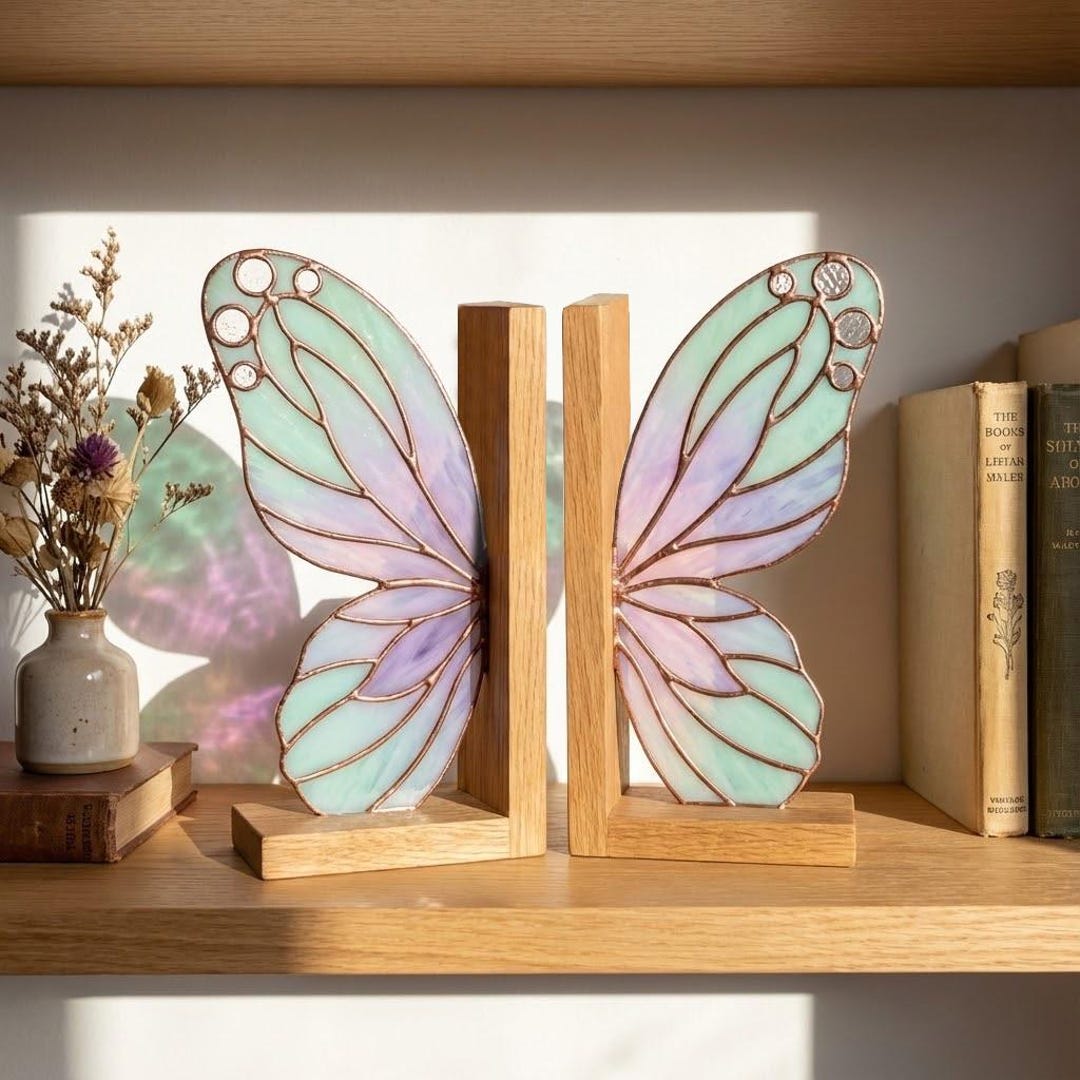 Stained Glass Butterfly Bookends, Fairy Wings Book Holder, Iridescent ...