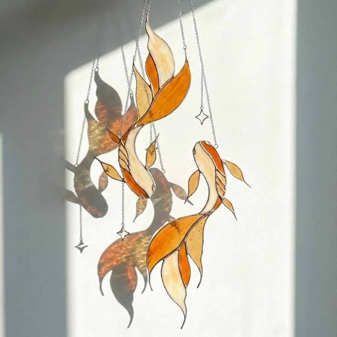 Stained Glass Goldfish Suncatcher, Koi Fish Window Hanging, Orange ...