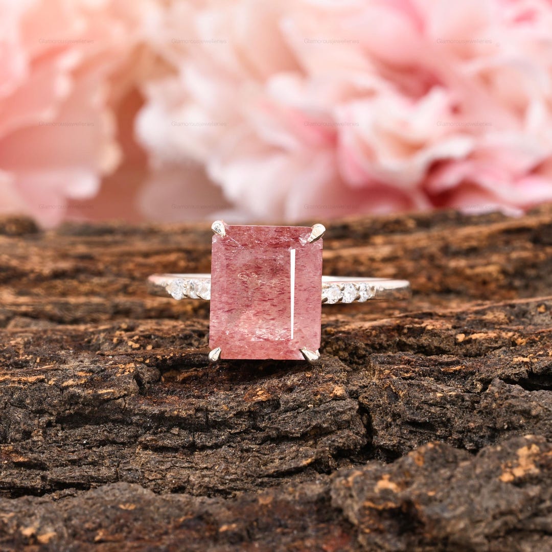 Emerald Cut Strawberry Quartz Ring: Sterling Silver Diamond Accents - Etsy