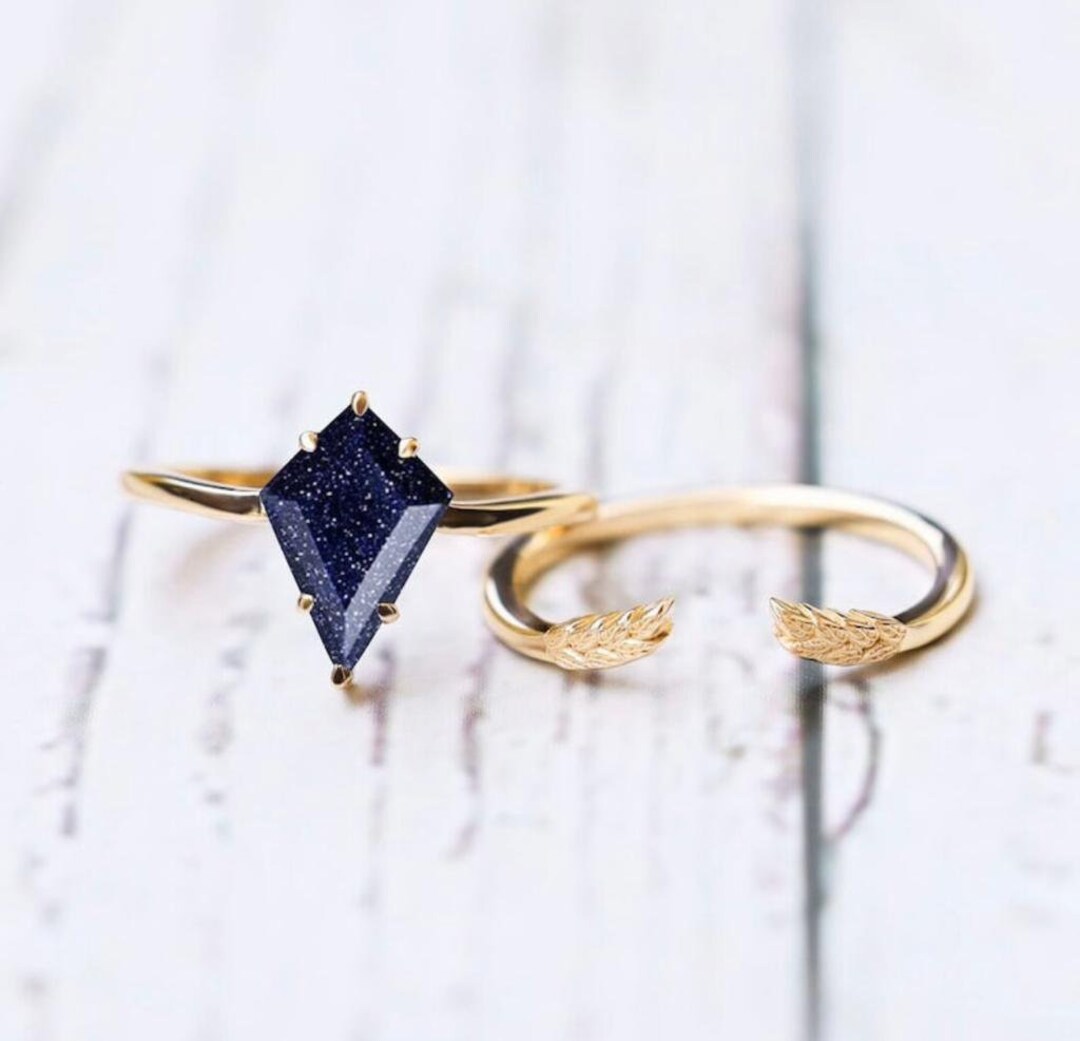 Galaxy Kite Cut Blue Sandstone Wedding Ring Set Art Deco Star Blue ...