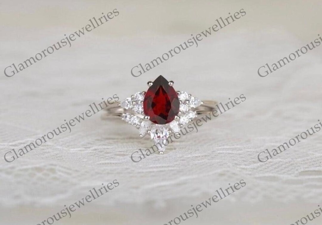Pear Cut Garnet Engagement Ring Set Vintage Garnet Ring Gold Sterling ...