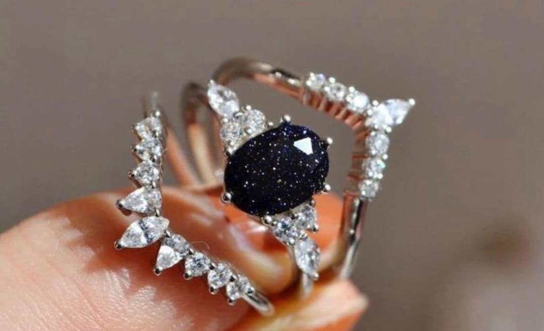 Galaxy Sandstone Ring- Black Rhodium Engagement Ring Set- Nebula Ring ...