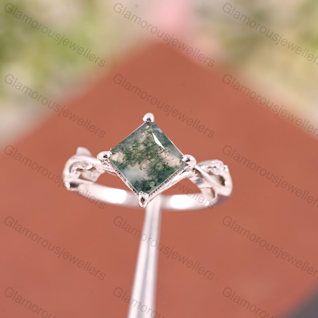 Princess Cut Moss Agate Engagement Ring: Rose Gold Halo, Sterling ...