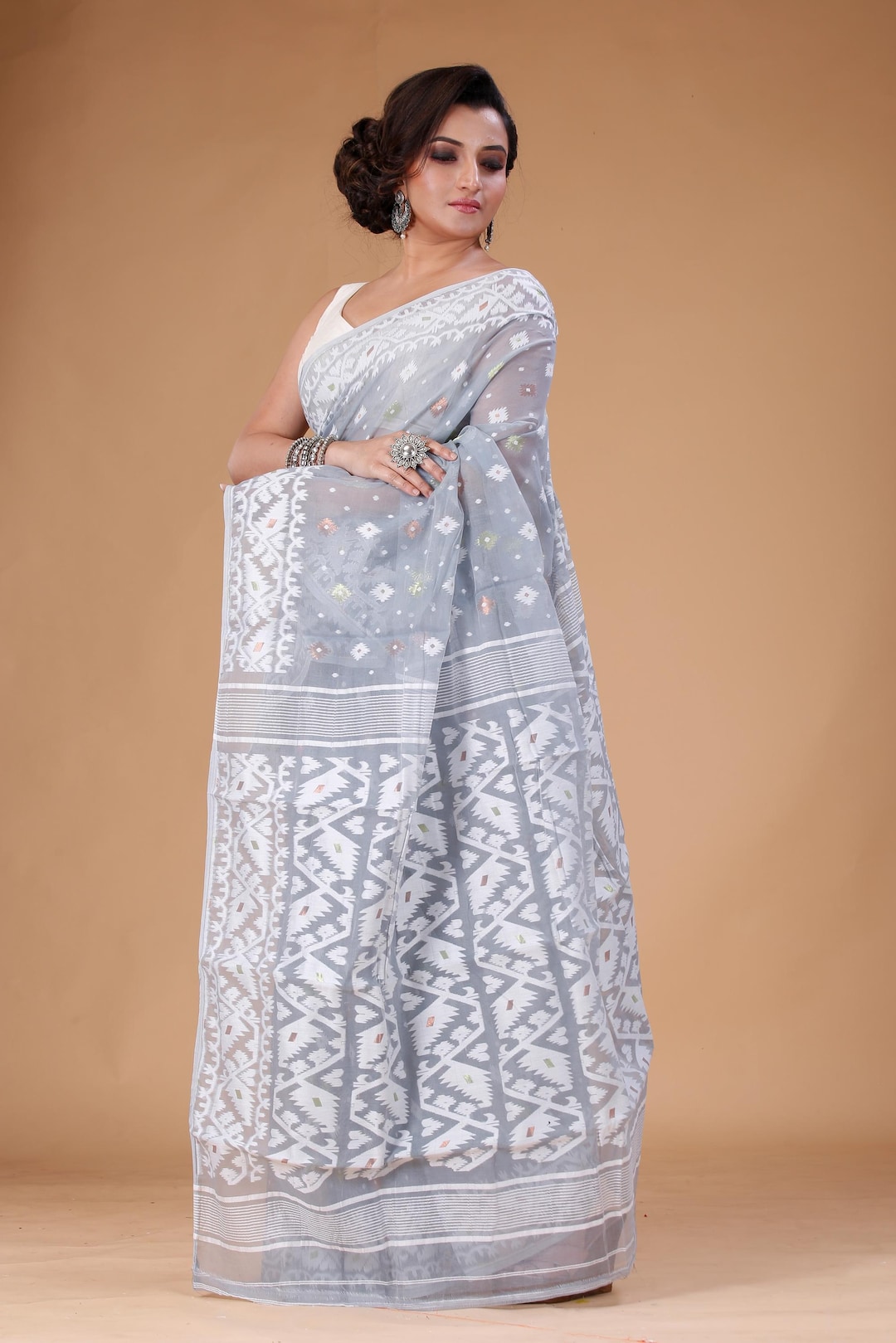Grey Jamdani Saree: Handloom Cotton Muslin, Fall Pico - Etsy Australia
