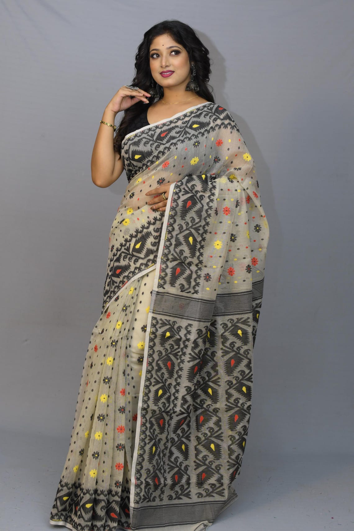 Cotton Muslin Jamdani Saree - Silver Color, Handloom Woven - Etsy