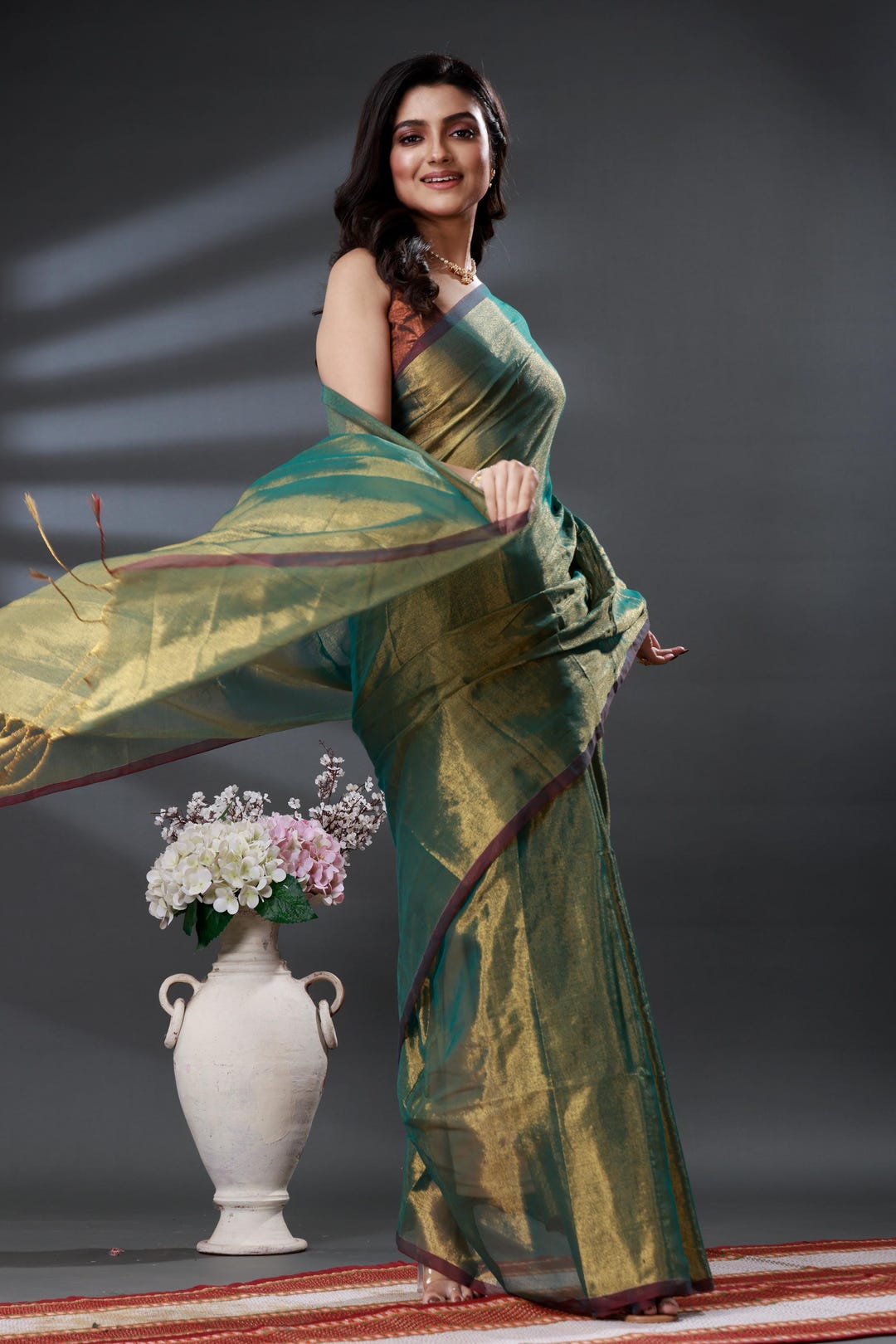Handloom Tissue Soft Sari: Rama Tone Saree Woven With Blouse Piece ...