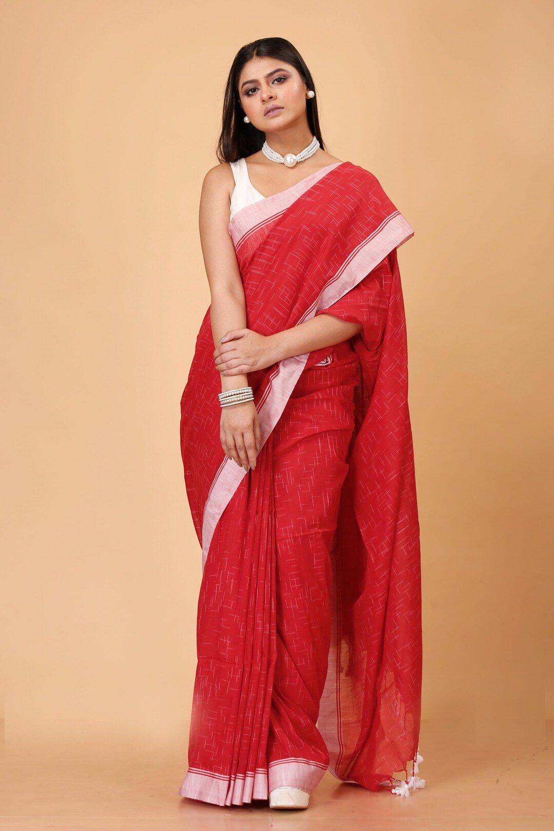 Handwoven Cotton Ikat Sari: Red & White Border, Blouse Piece - Etsy