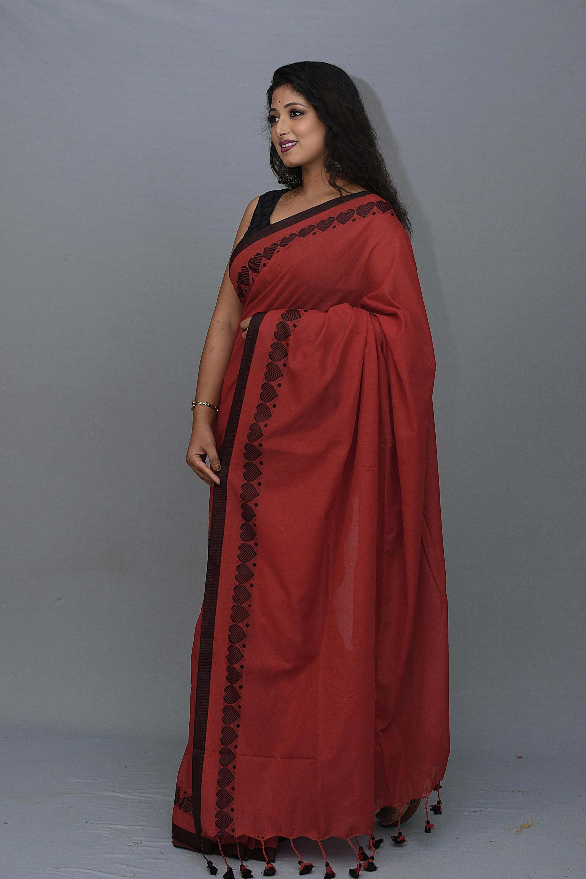 Handloom Cotton Sari: Red & Black Bengal Design With Blouse - Etsy