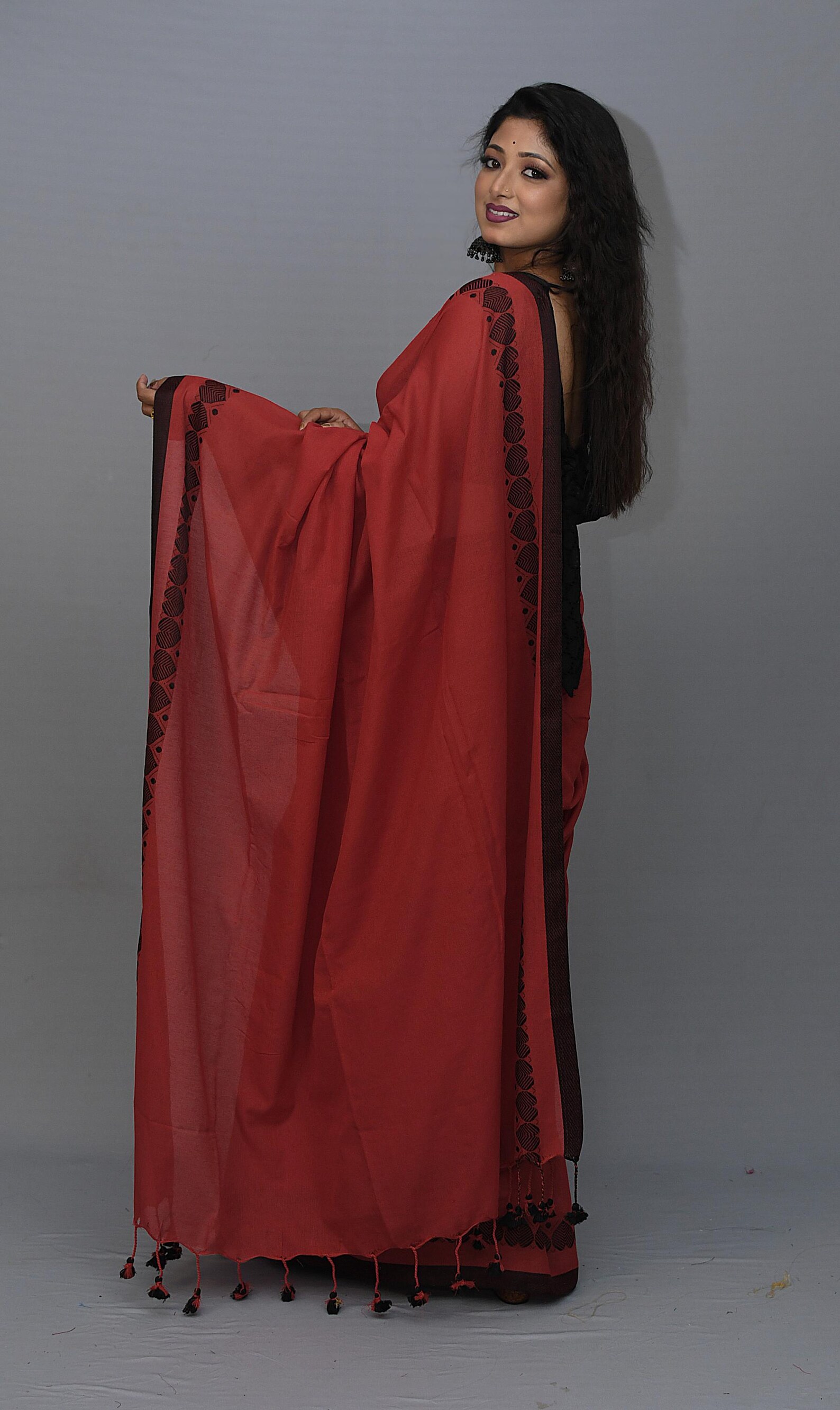 Handloom Cotton Sari: Red & Black Bengal Design With Blouse - Etsy