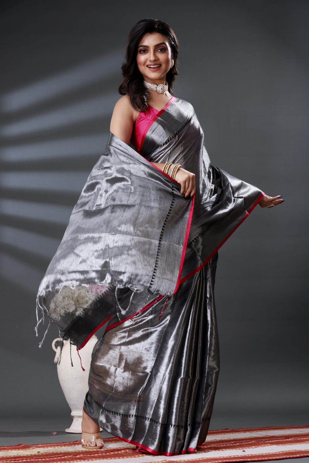 Handloom Tissue Soft Sari: Grey Saree Woven With Blouse Piece - With ...