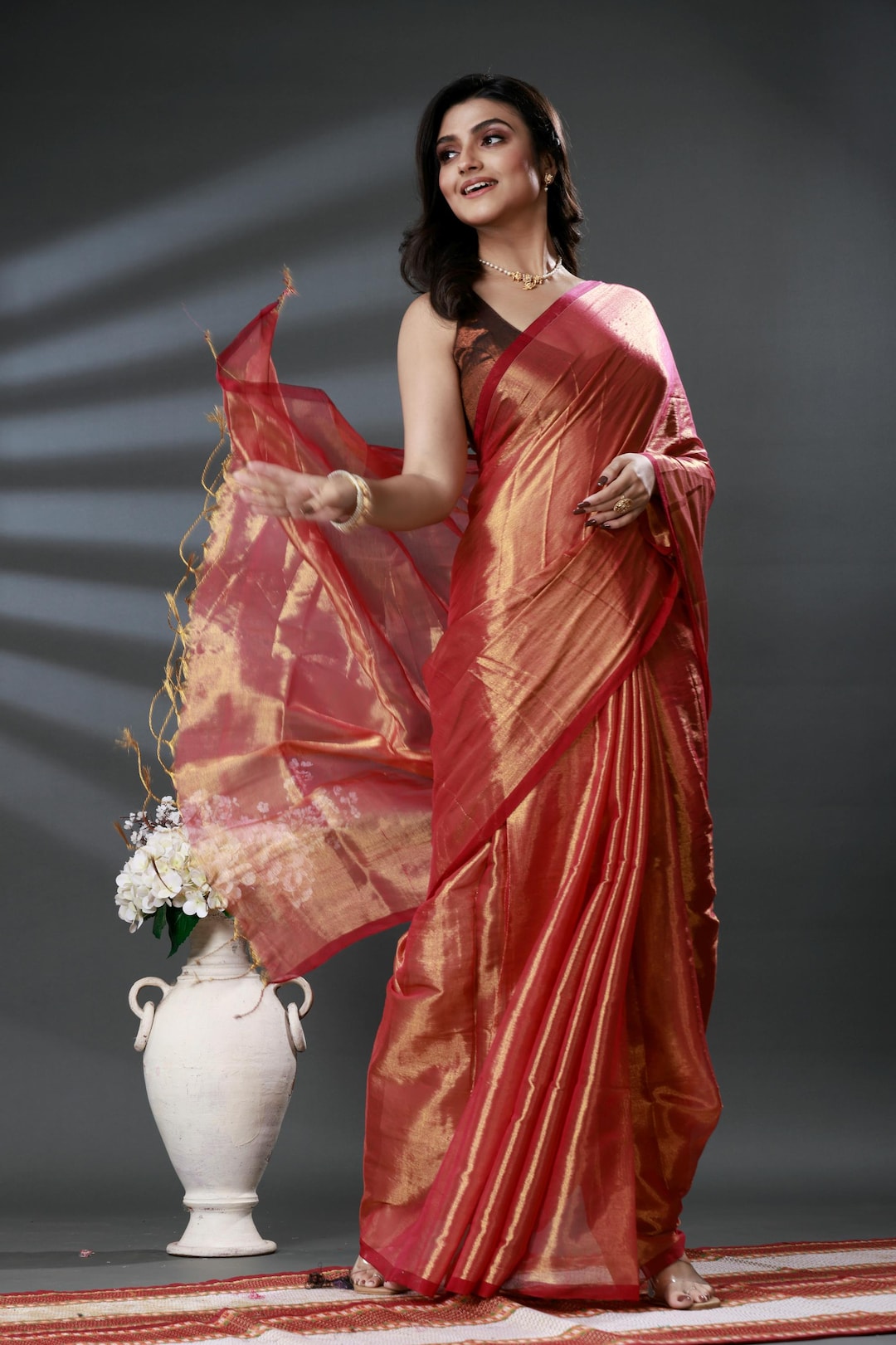 Handloom Tissue Soft Sari: Red Tone Saree Woven With Blouse Piece ...