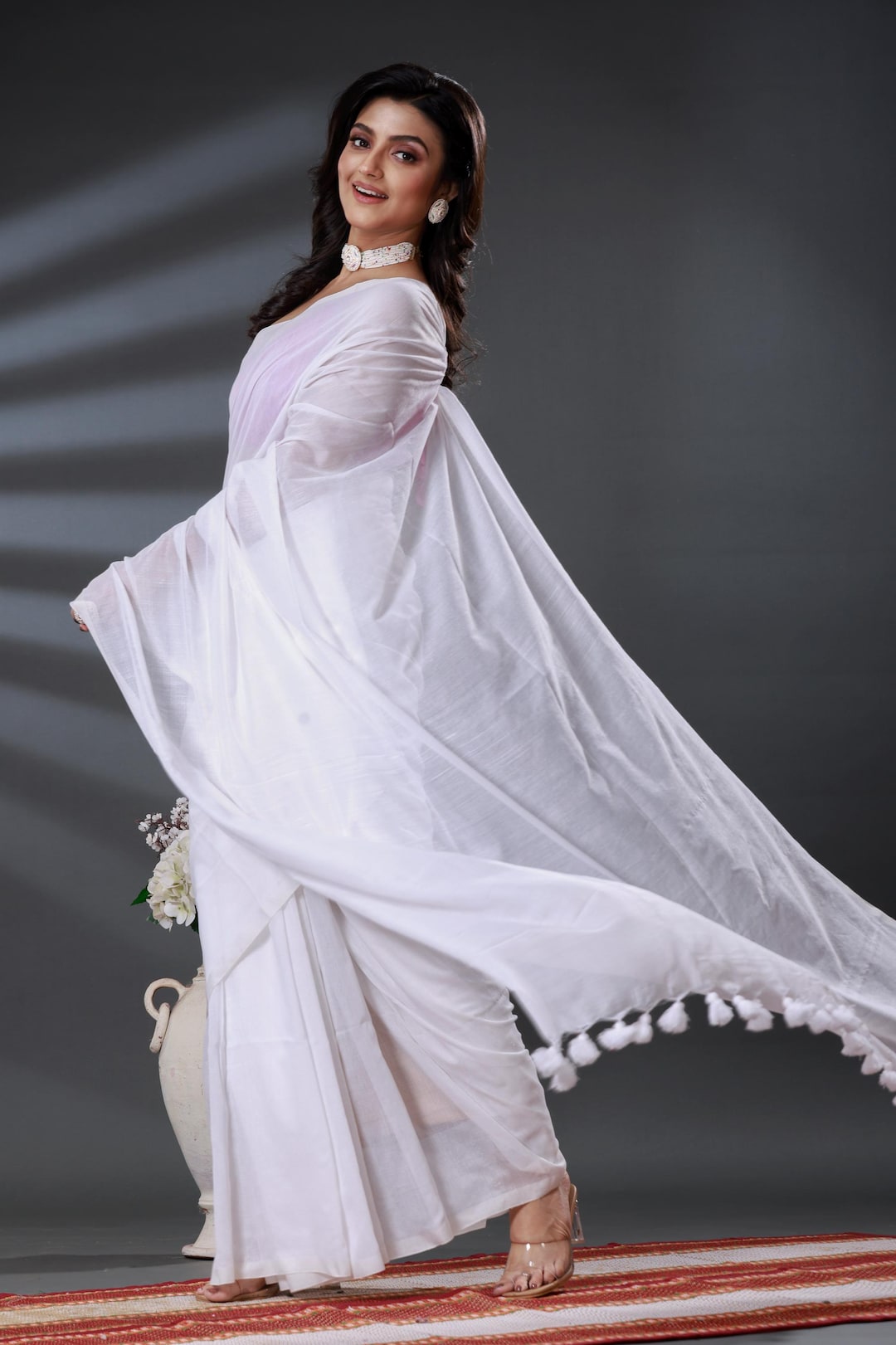 Handloom Cotton Mulmul Saree: Striped Pure White Color Saree, Fall Pico ...