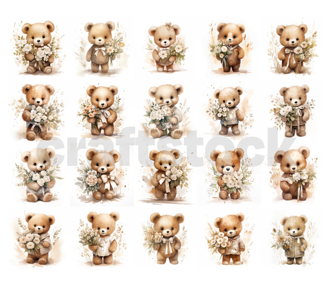 20 Cute Teddy Bear With a Bouquet Watercolor, High Quality Jpgs ...