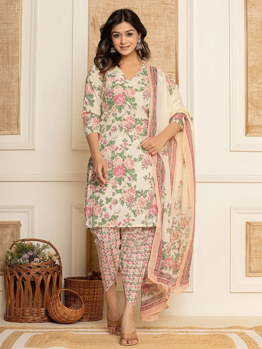 Cotton Floral Kurti Dhoti Suit, Indian Ethnic Kurta Pant Set, Womens ...