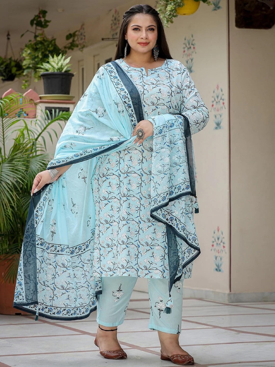 Cotton Plus Size Kurta Set, Women Kurta Pant Dupatta Set, Regular Wear ...