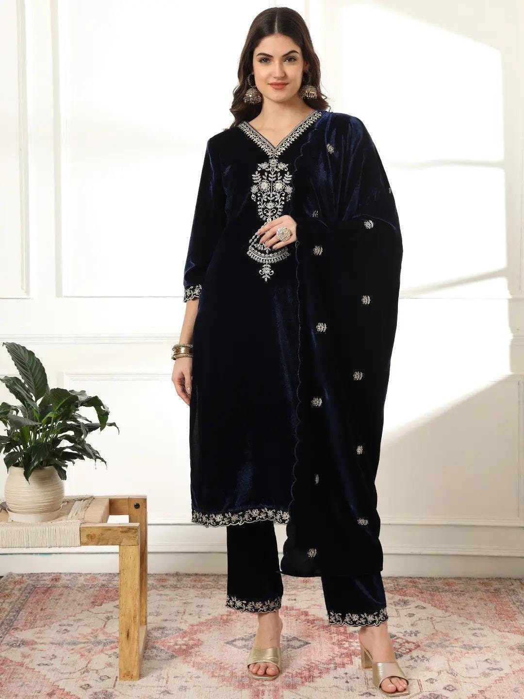 Beautiful Ready to Wear Blue Velvet Suit, Velvet Kurta Pant Dupatta Set ...