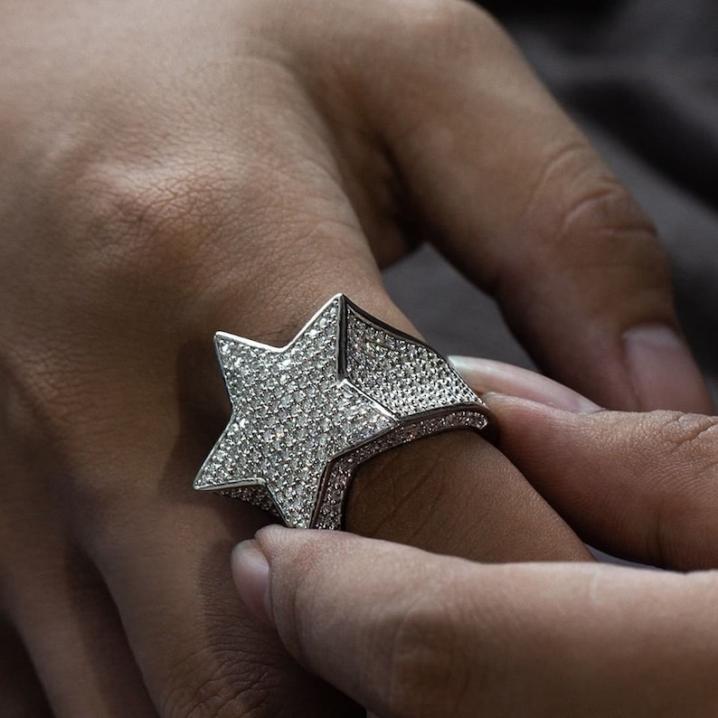 VVS Moissanite Star Ring: Iced Out 925 Sterling Silver Hip Hop Jewelry ...