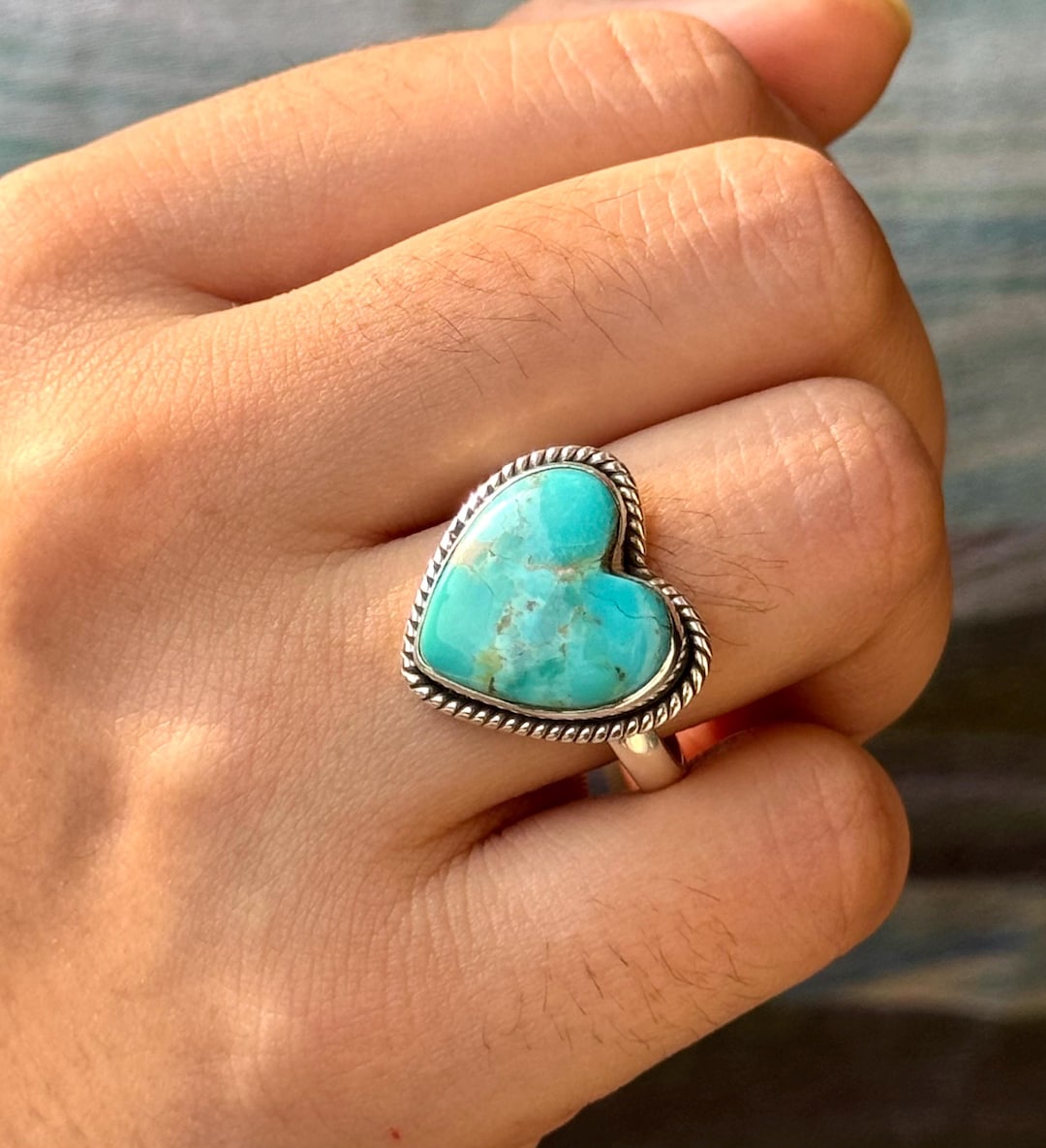 Genuine Turquoise Ring - 925 Sterling Silver Ring - Large Heart Cut ...