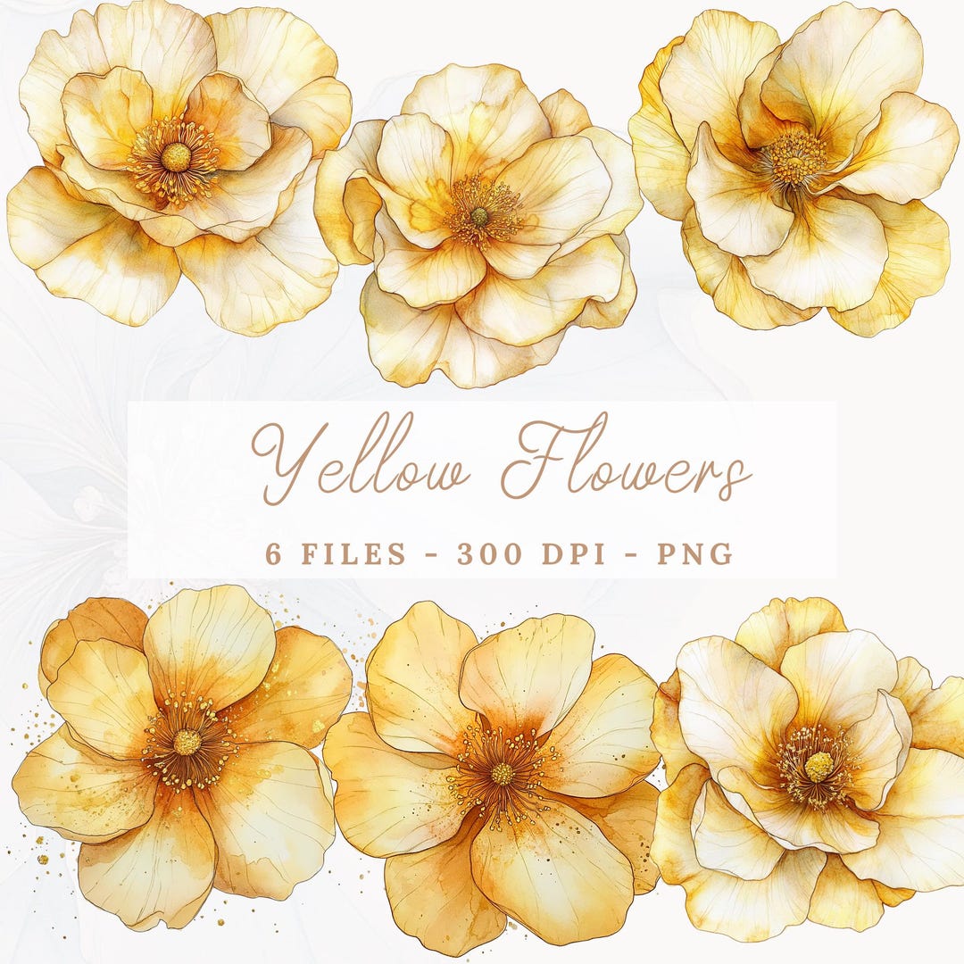 6 Files Yellow Abstract Flowers Clipart, Yellow Watercolour Flower ...
