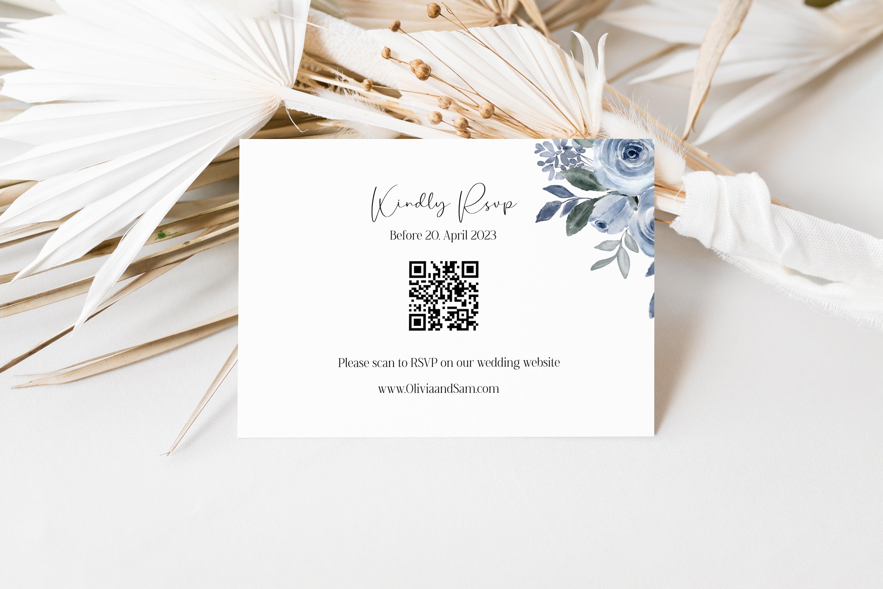 Light Blue Navy Wedding RSVP Card With QR Code Template, Editable Dusty ...