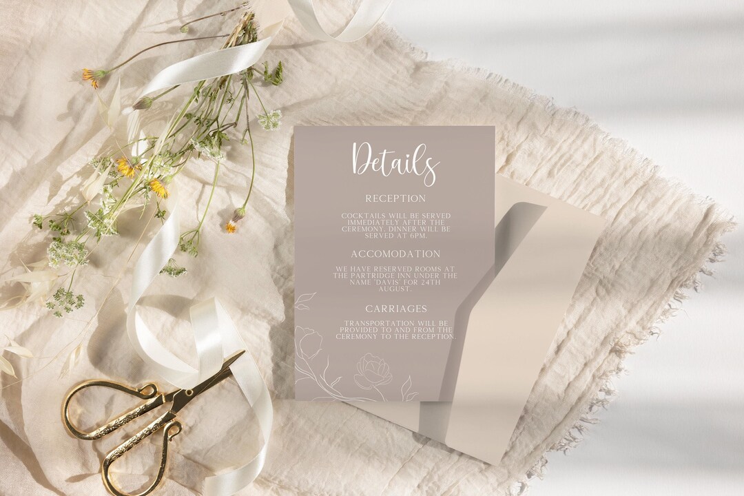Peony Line Drawing Wedding Invitation Template Details Card, Editable ...