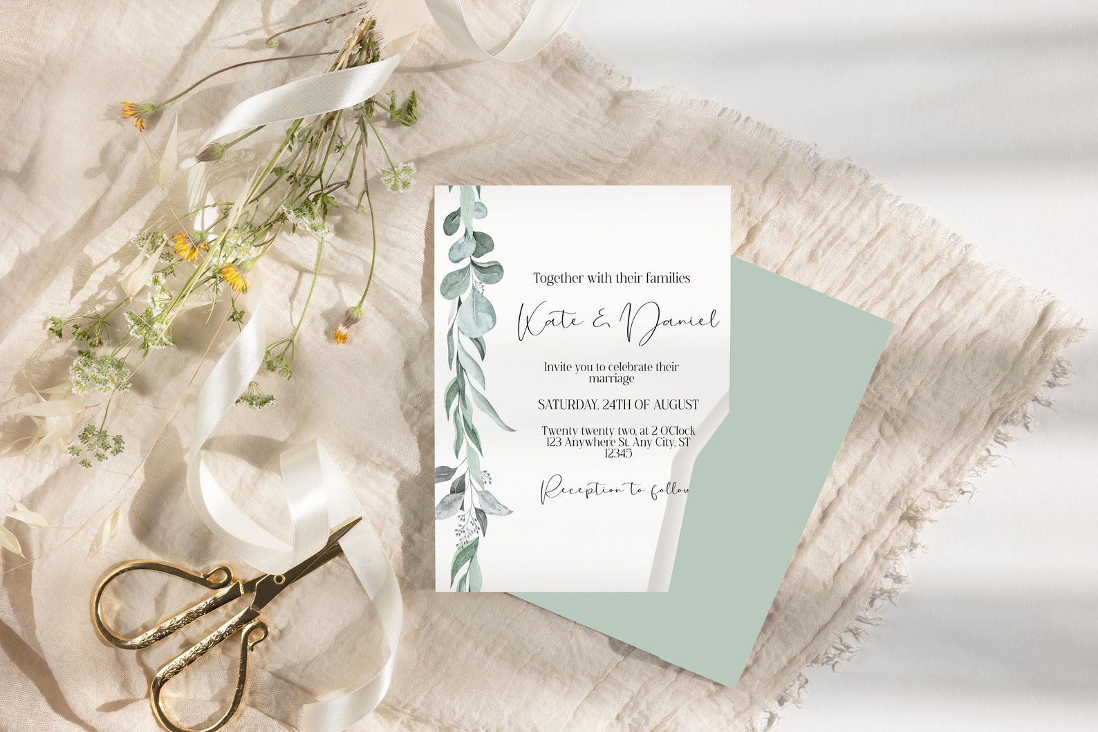 Eucalyptus Green Wedding Invitation Template Set, Editable Greenary ...
