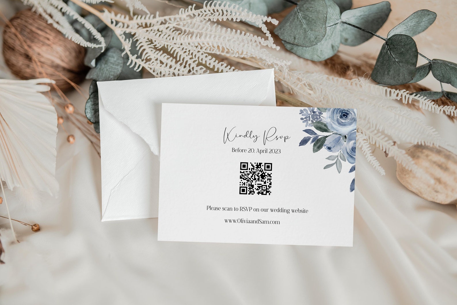 Light Blue Navy Wedding RSVP Card With QR Code Template, Editable Dusty ...