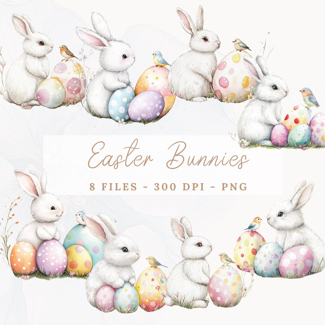 8 Files Easter Bunny Clipart, Bunny With Easter Eggs, PNG Digital ...