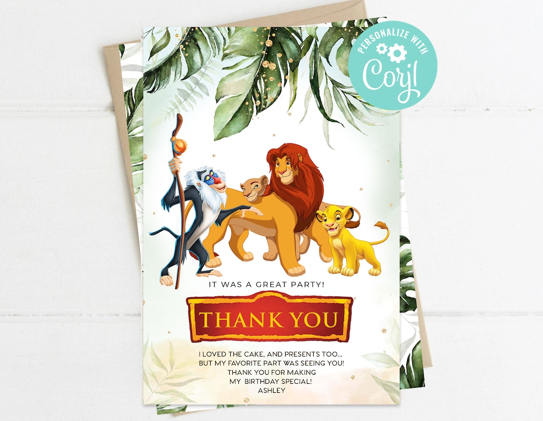 Lion King Thank You Card First Birthday Boy Hakuna Matata Simba Pumbaa ...