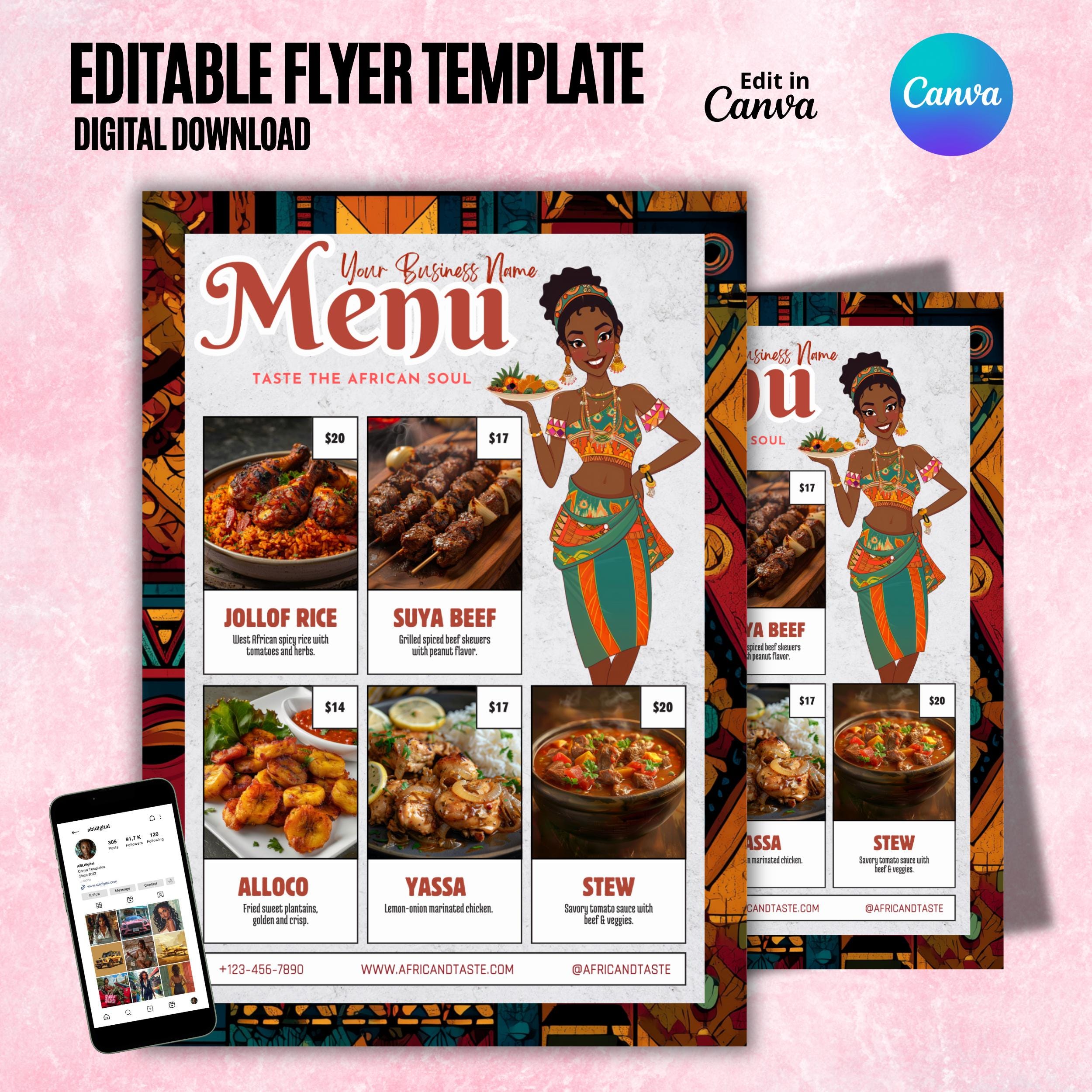 Digital Menu Template, Editable Canva Flyer, African Food Business ...