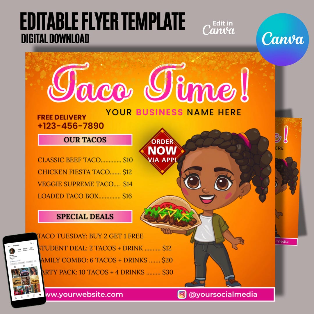 Restaurant Taco Flyer, Canva Editable Template, Mexican Food Promotion ...