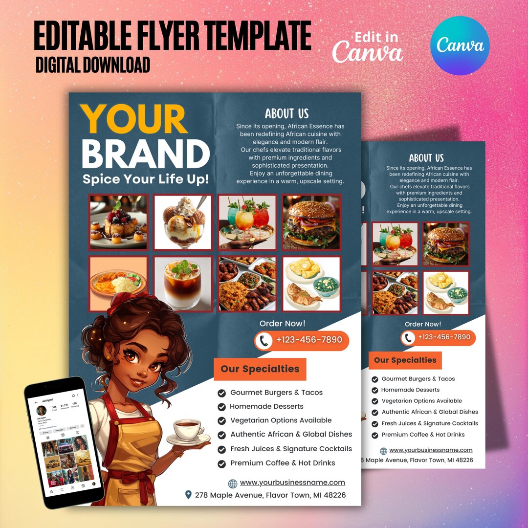 DIY Restaurant Food Flyer Template, Editable Canva Design, Digital ...