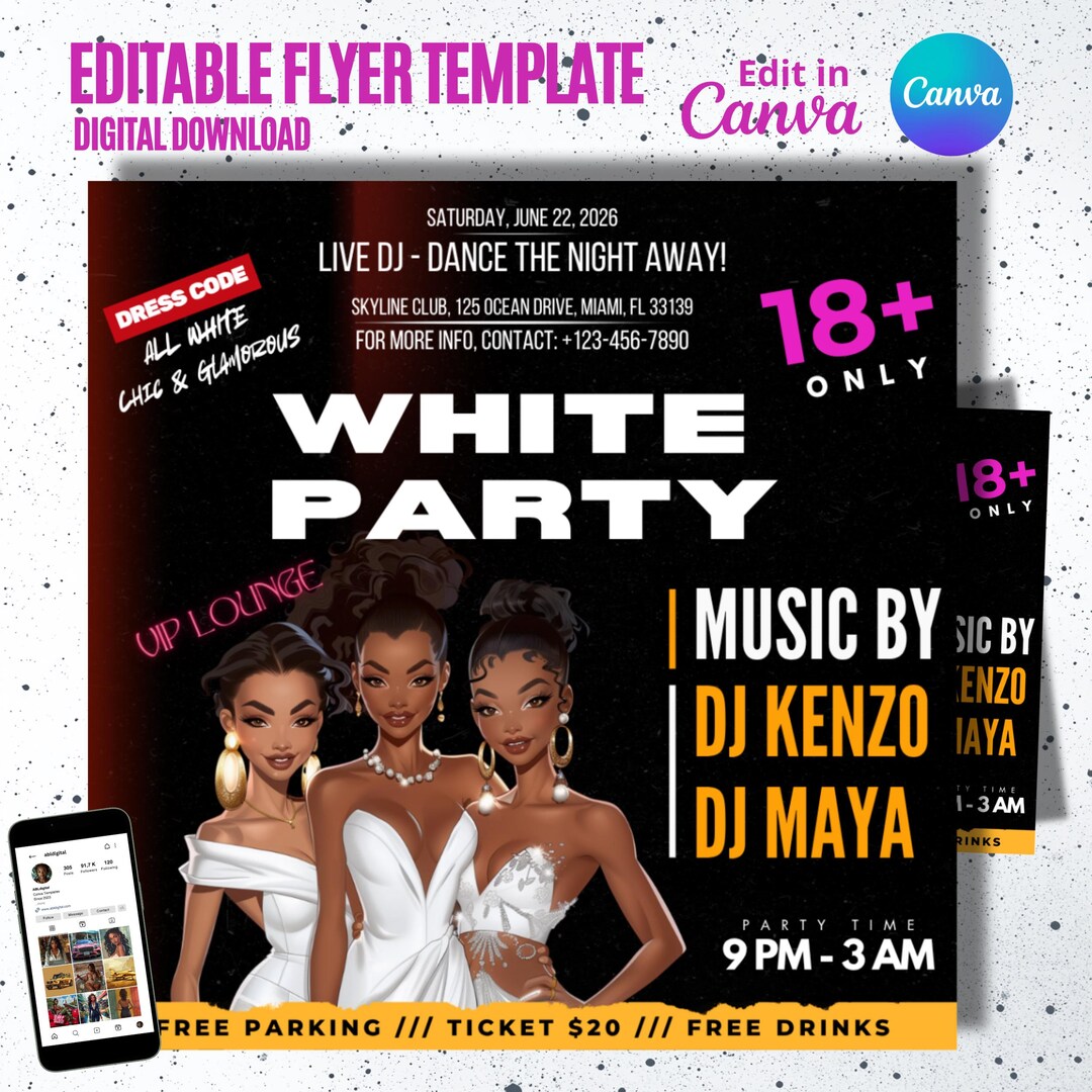 Nightclub Party Flyer Template, Editable White Party Canva Design, DJ ...