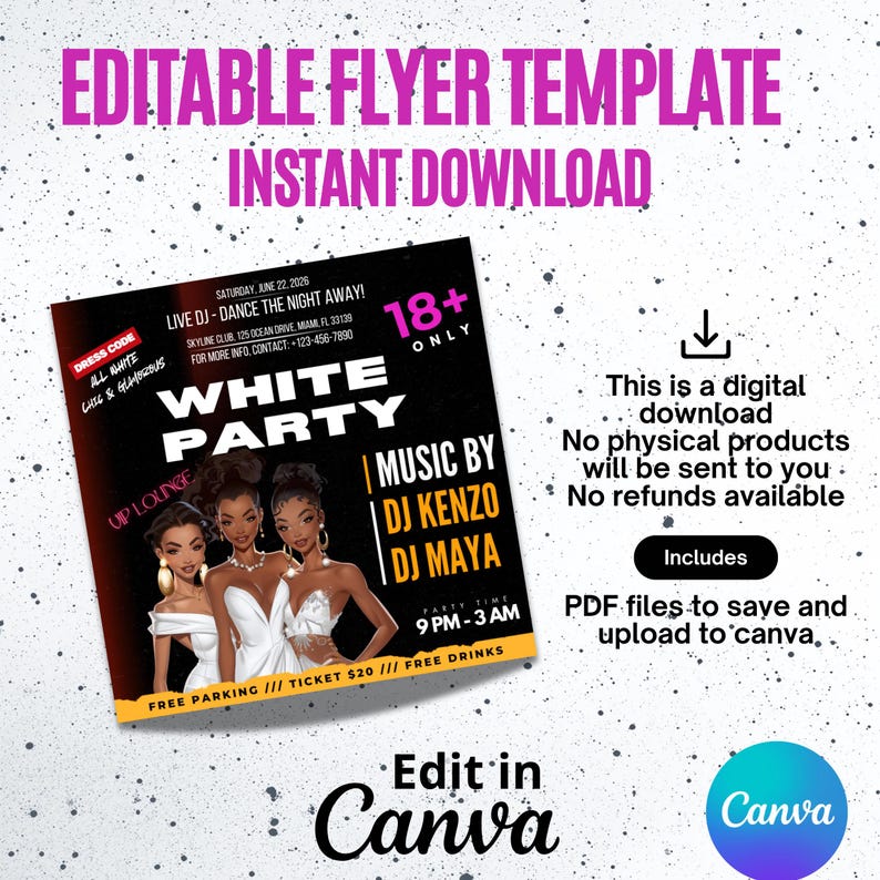 Nightclub Party Flyer Template, Editable White Party Canva Design, DJ ...