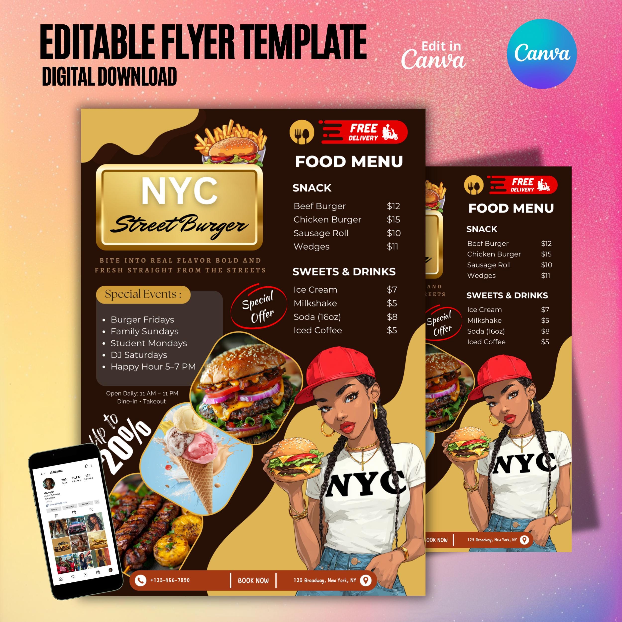 Editable Burger Shop Flyer, Fast Food Menu Template, Canva Design ...