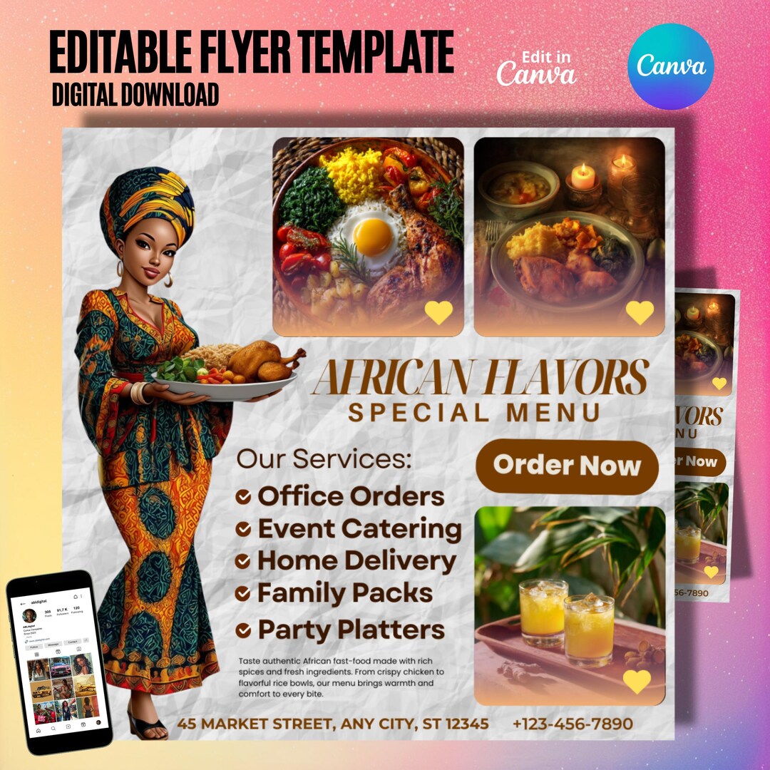 African Food Menu Template Editable Restaurant Flyer Design Catering ...