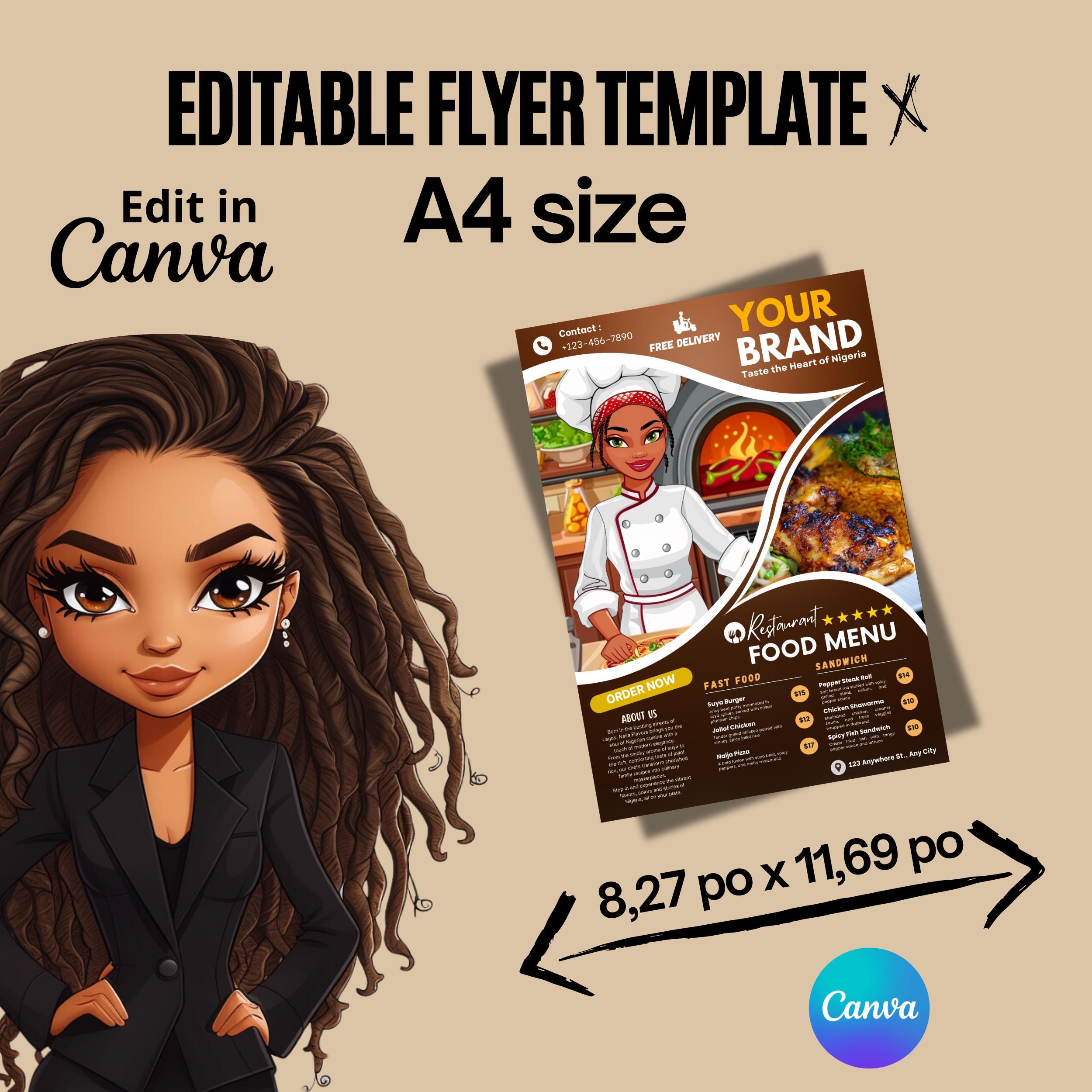 Editable African Restaurant Menu Flyer, A4 Food Template, Canva Design ...
