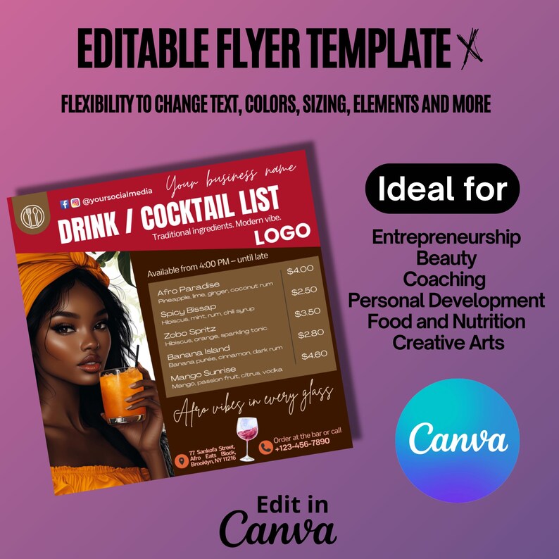 Editable Bar Menu Template Canva Cocktail Flyer Digital Drink Menu ...