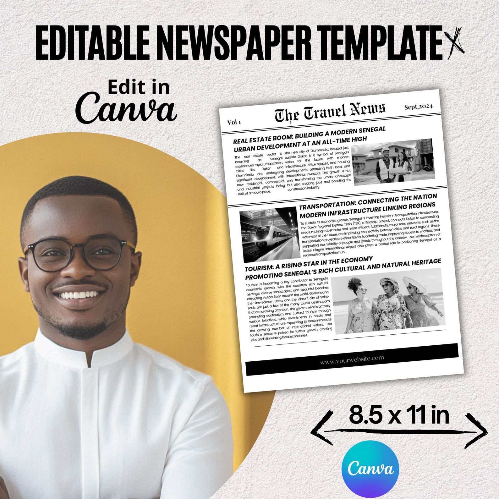 Canva Business Newspaper Template, Editable Newspaper Senegal Travel ...